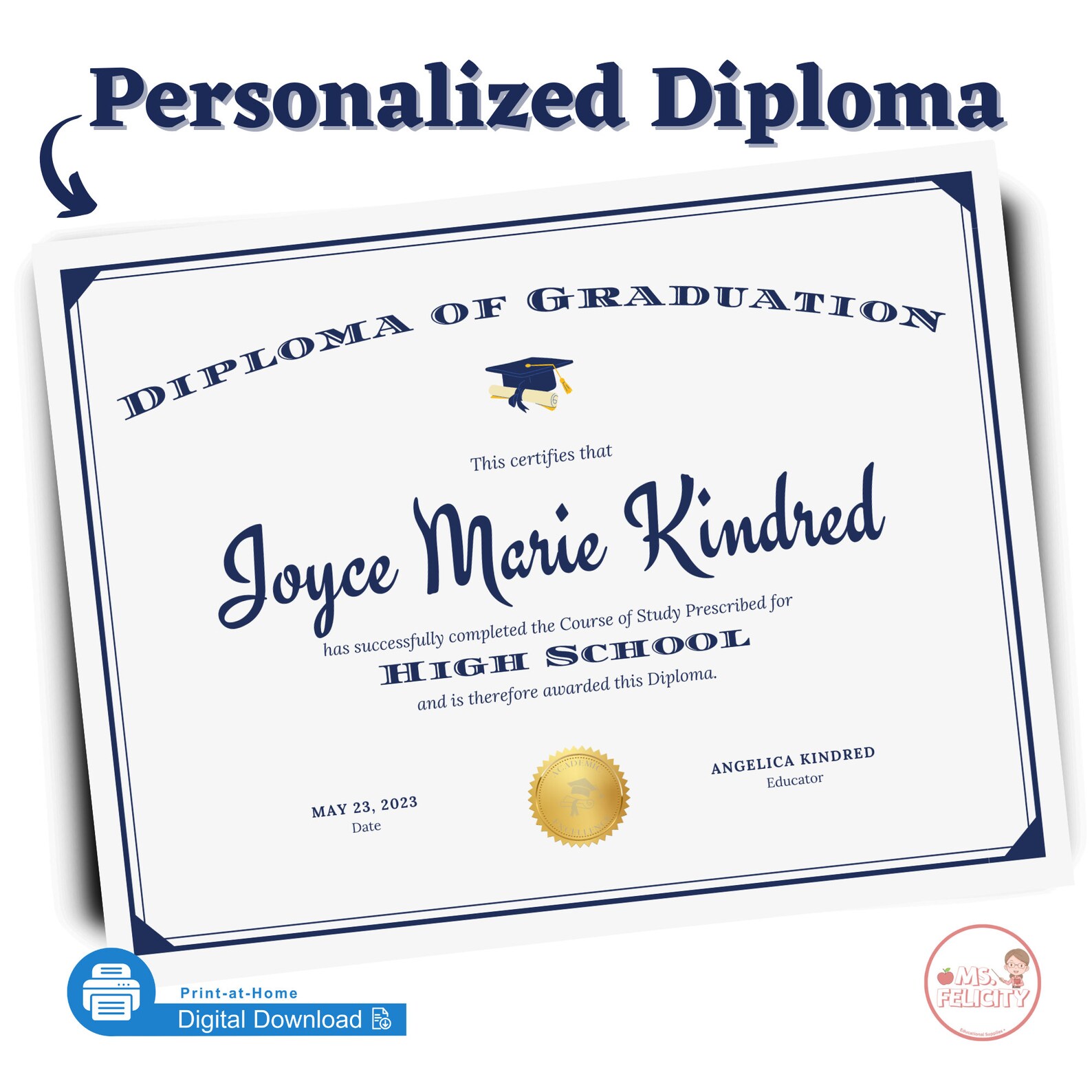 Printable Diploma of Graduation Personalized Middle School Certificate ...