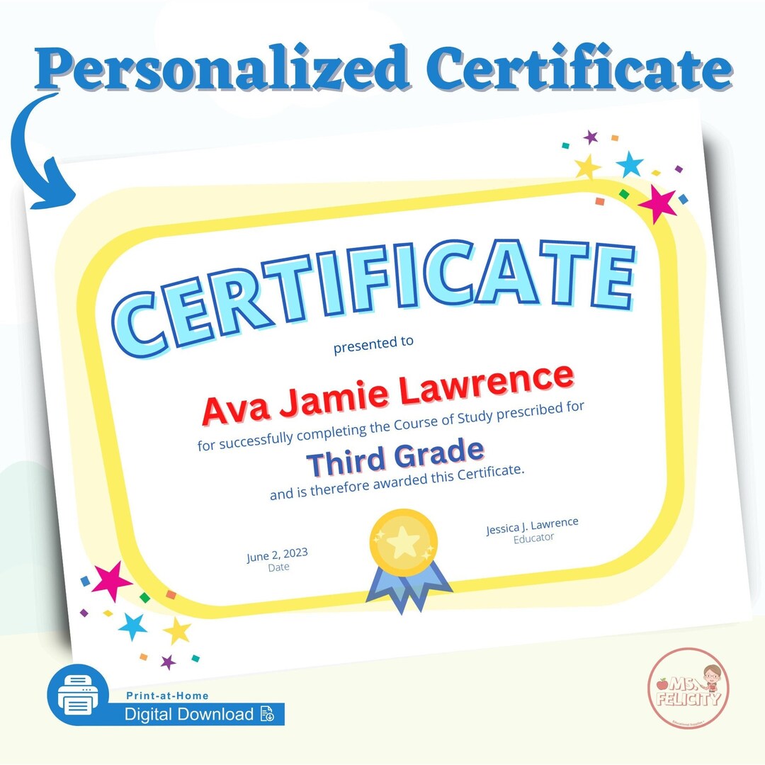 Personalized Elementary School Certificate Printable Homeschool Diploma ...