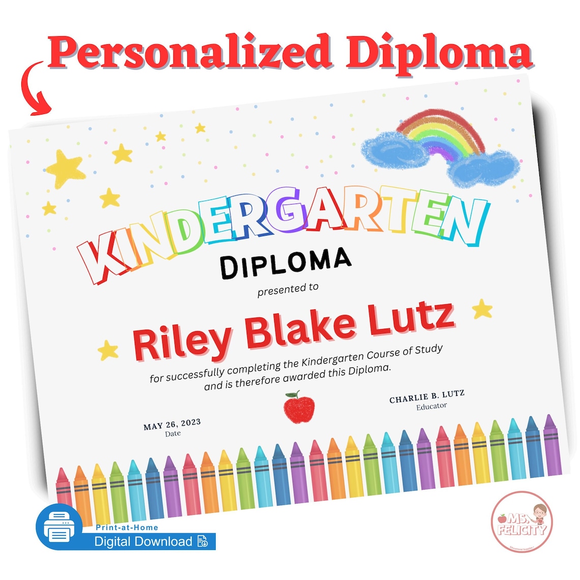 Personalized Printable Preschool Certificate Kindergarten Diploma ...