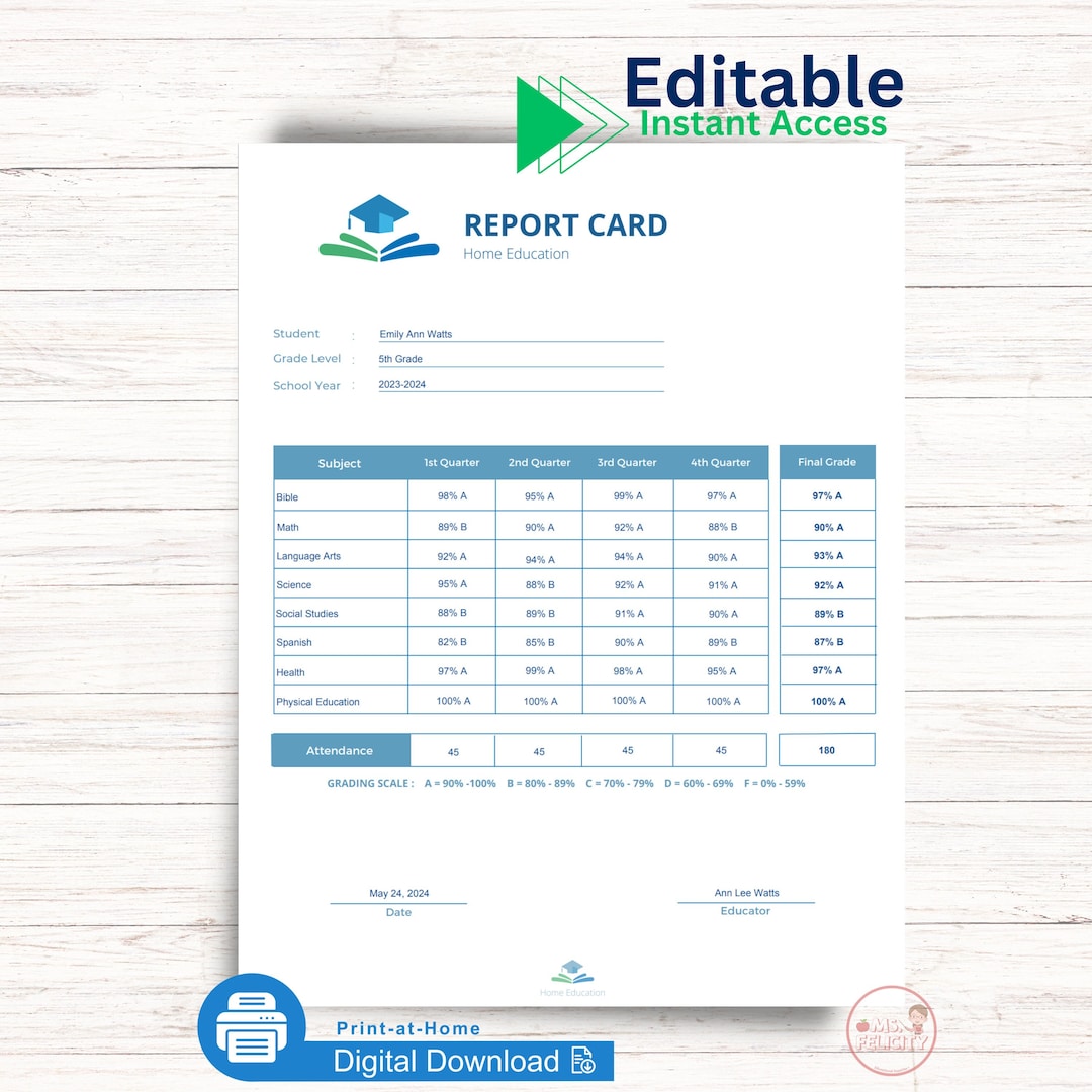 Instant Access Editable Report Card Printable Progress Report ...