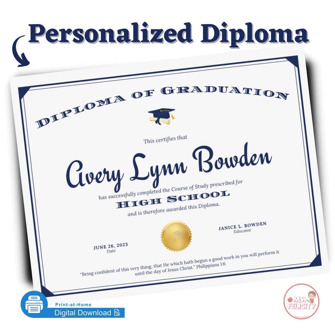 Personalized Diploma of Graduation Printable High School Certificate ...