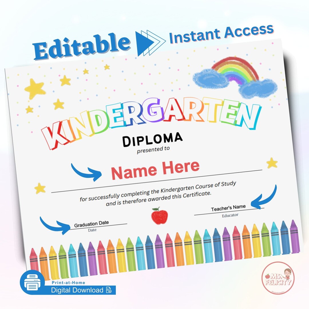 Editable Instant Access Kindergarten Diploma of Graduation Printable ...