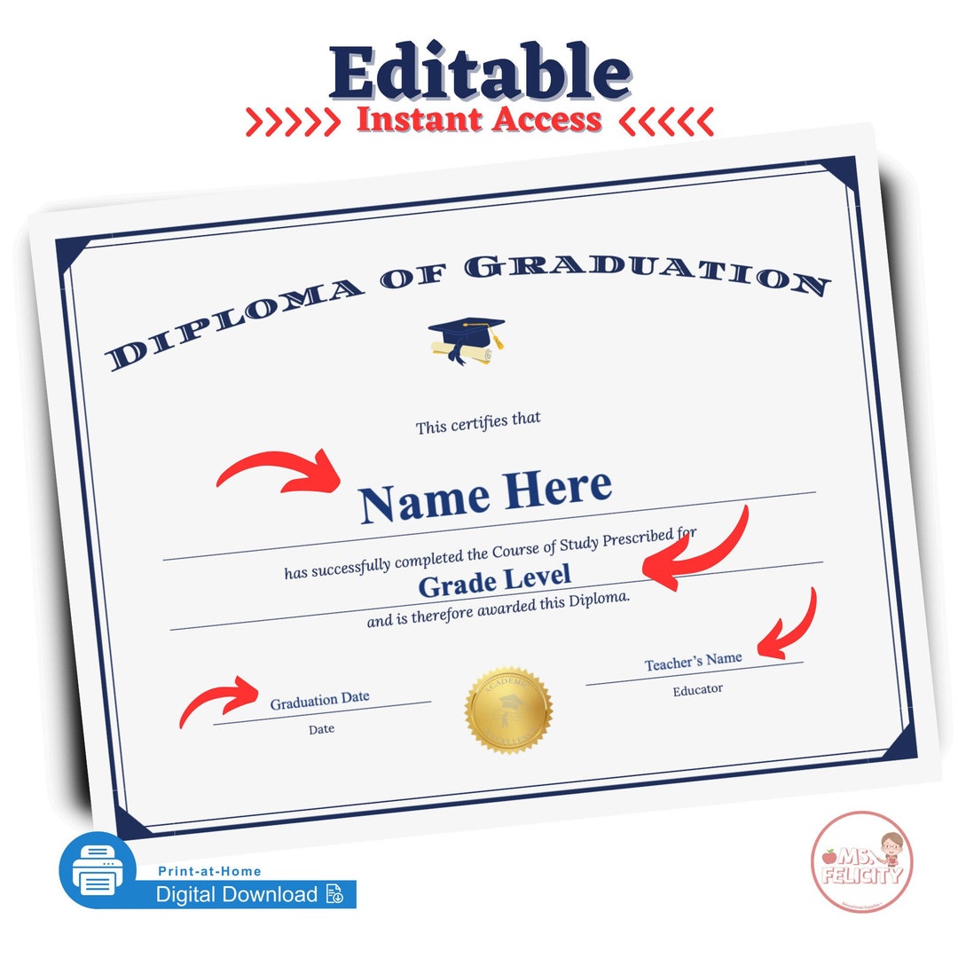 Editable Instant Access Diploma of Graduation Printable High School ...