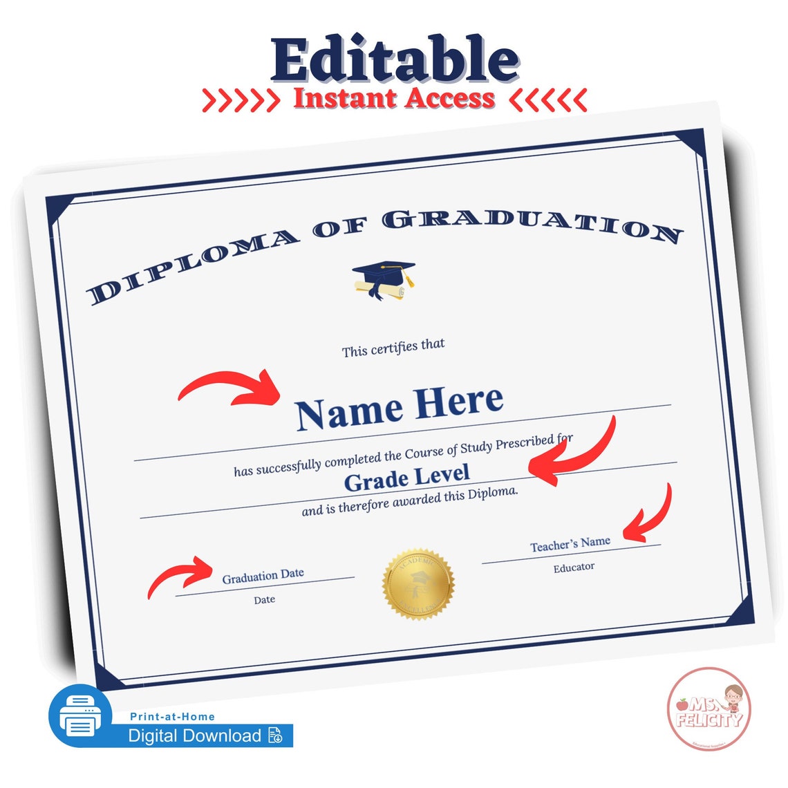 Editable Instant Access Diploma of Graduation Printable High School ...