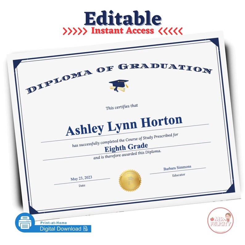 Editable Instant Access Diploma of Graduation Printable High School ...