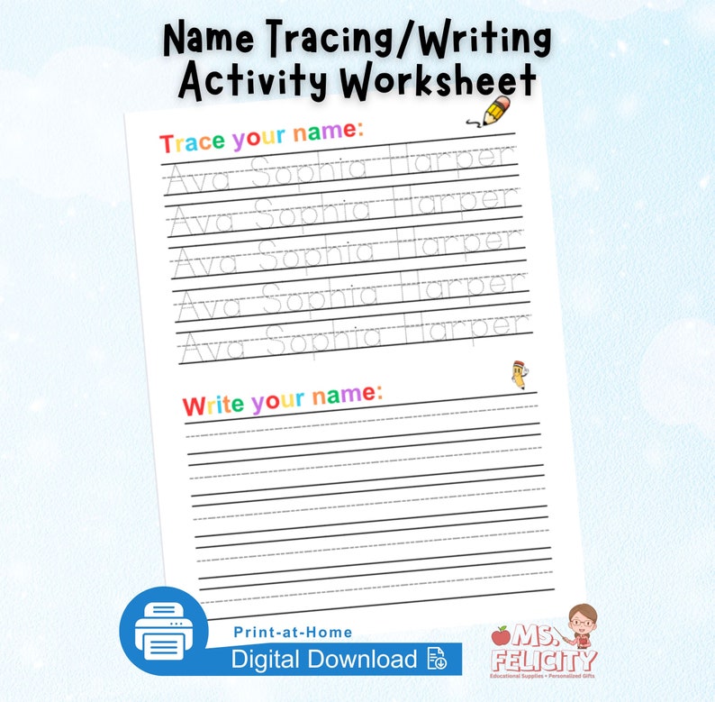 Name Tracing Writing Activity Worksheet Personalized Custom Name Trace ...