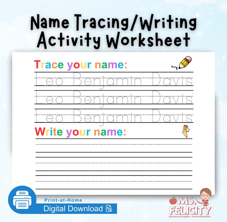 Name Tracing Writing Activity Worksheet Personalized Custom Name Trace Sheet Preschool ...