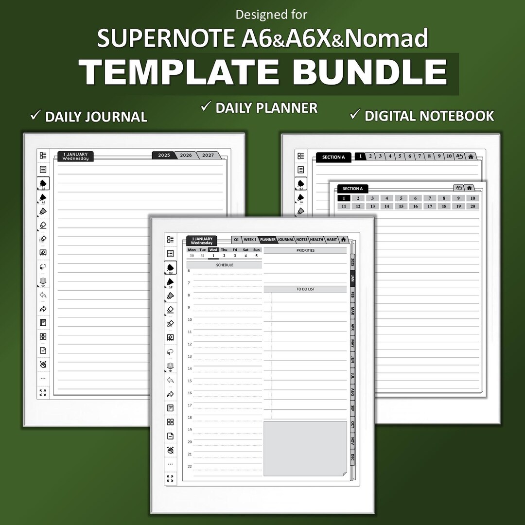 Bundle Template for SUPERNOTE A6, A6X, A6X2 Nomad Daily Planner Daily ...