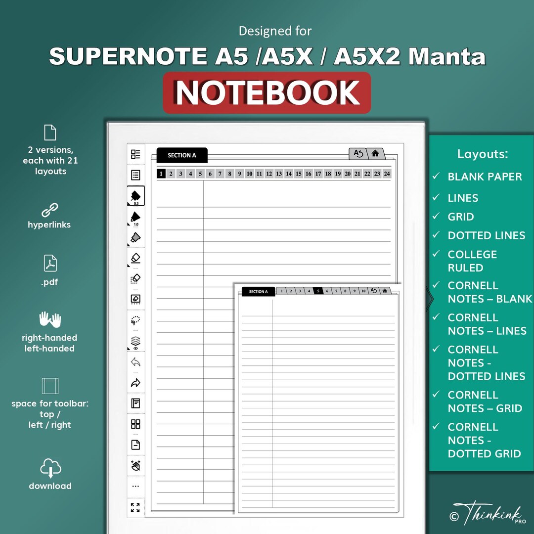 Notebook for SUPERNOTE A5, A5X, A5X2 Manta | Hyperlinked PDF Template ...