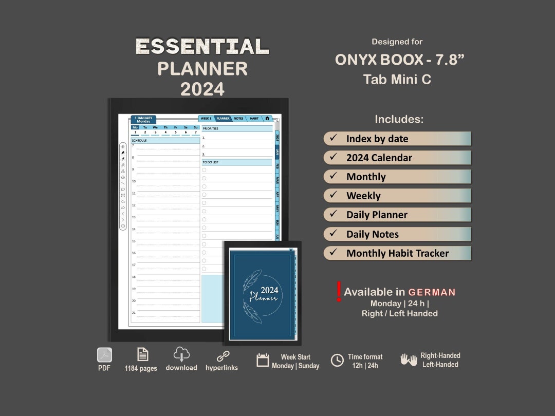BOOX Tab Mini C Planner 2024 ESSENTIAL Hyperlinked Pdf Color Onyx Boox ...