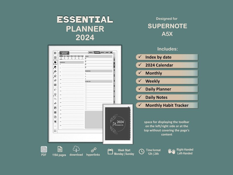 ESSENTIAL Planner 2024 for SUPERNOTE A5X Hyperlinked Pdf Template 10.3 - Etsy