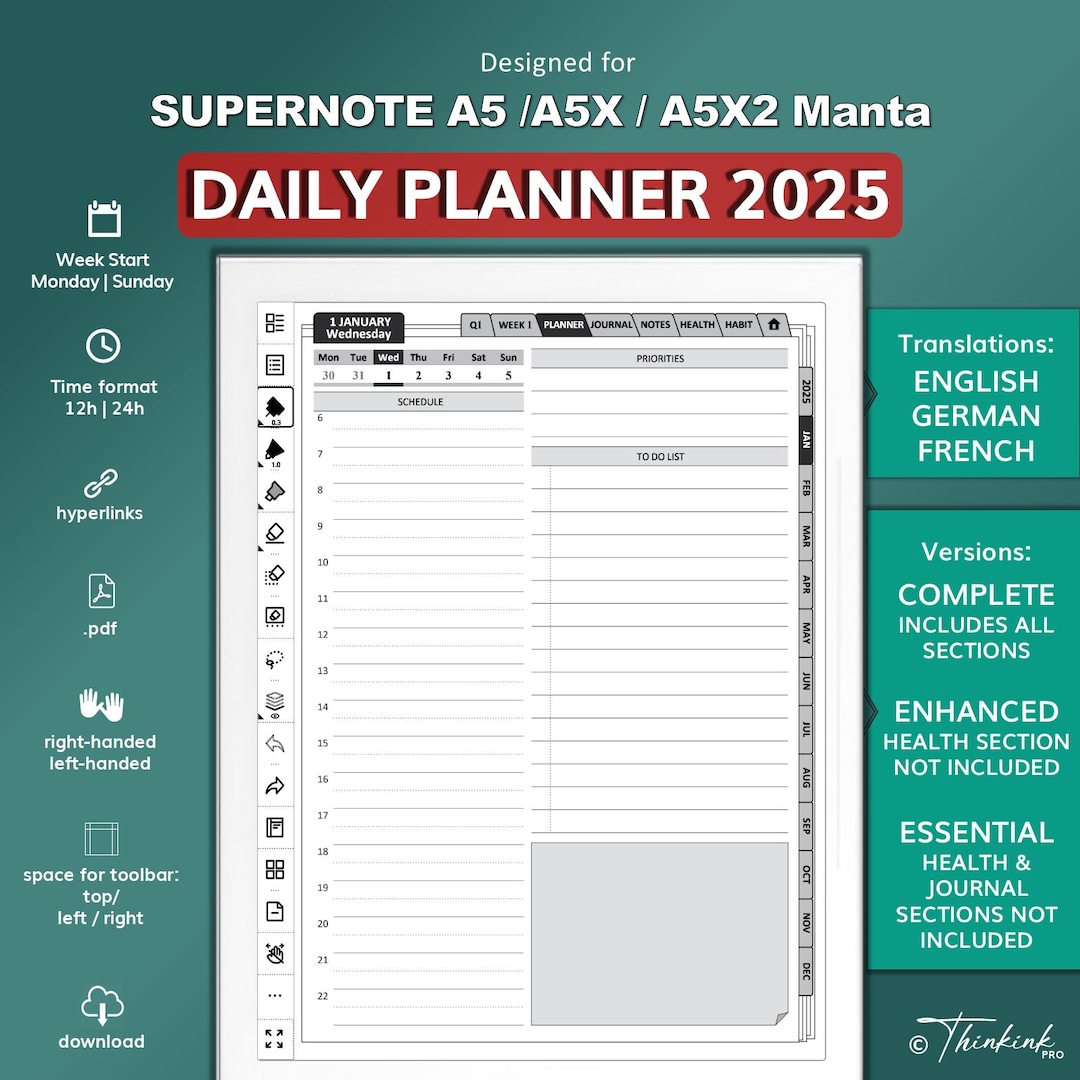 2025 Daily Planner for SUPERNOTE A5, A5X, A5X2 Manta | English, German ...