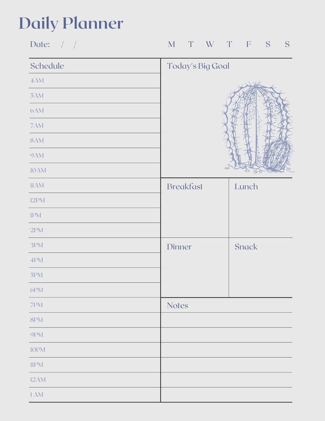Printable Daily Planner Organize Your Day Cactus Planner - Etsy