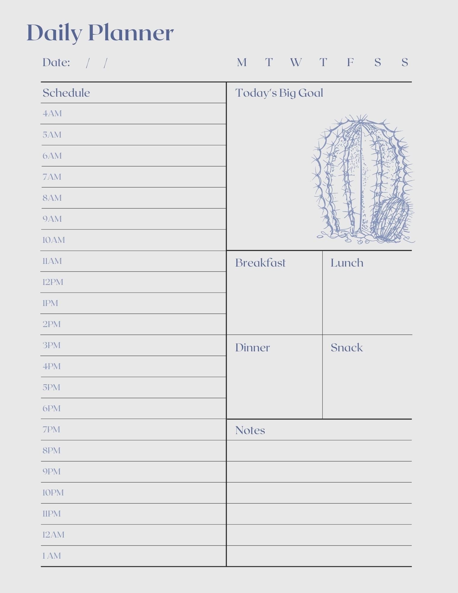 Printable Daily Planner Organize Your Day Cactus Planner - Etsy
