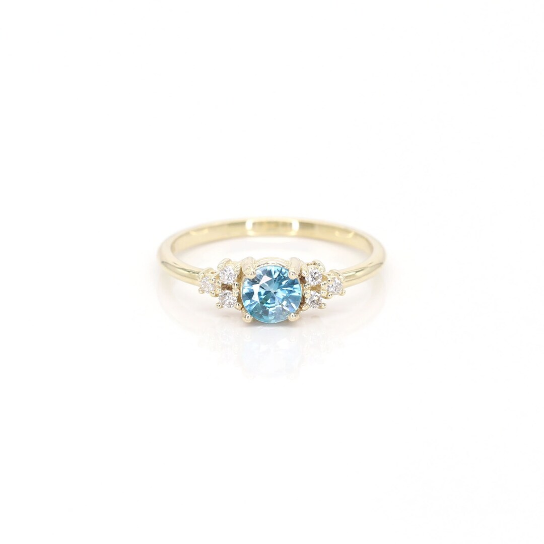 14k Blue Zircon Diamond Ring | 5.0MM Natural Blue Zircon Engagement ...