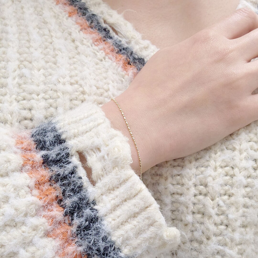 14k Yellow Gold Beaded Chain Bracelet | 1.0 MM Diamond Cut Chain | Real ...