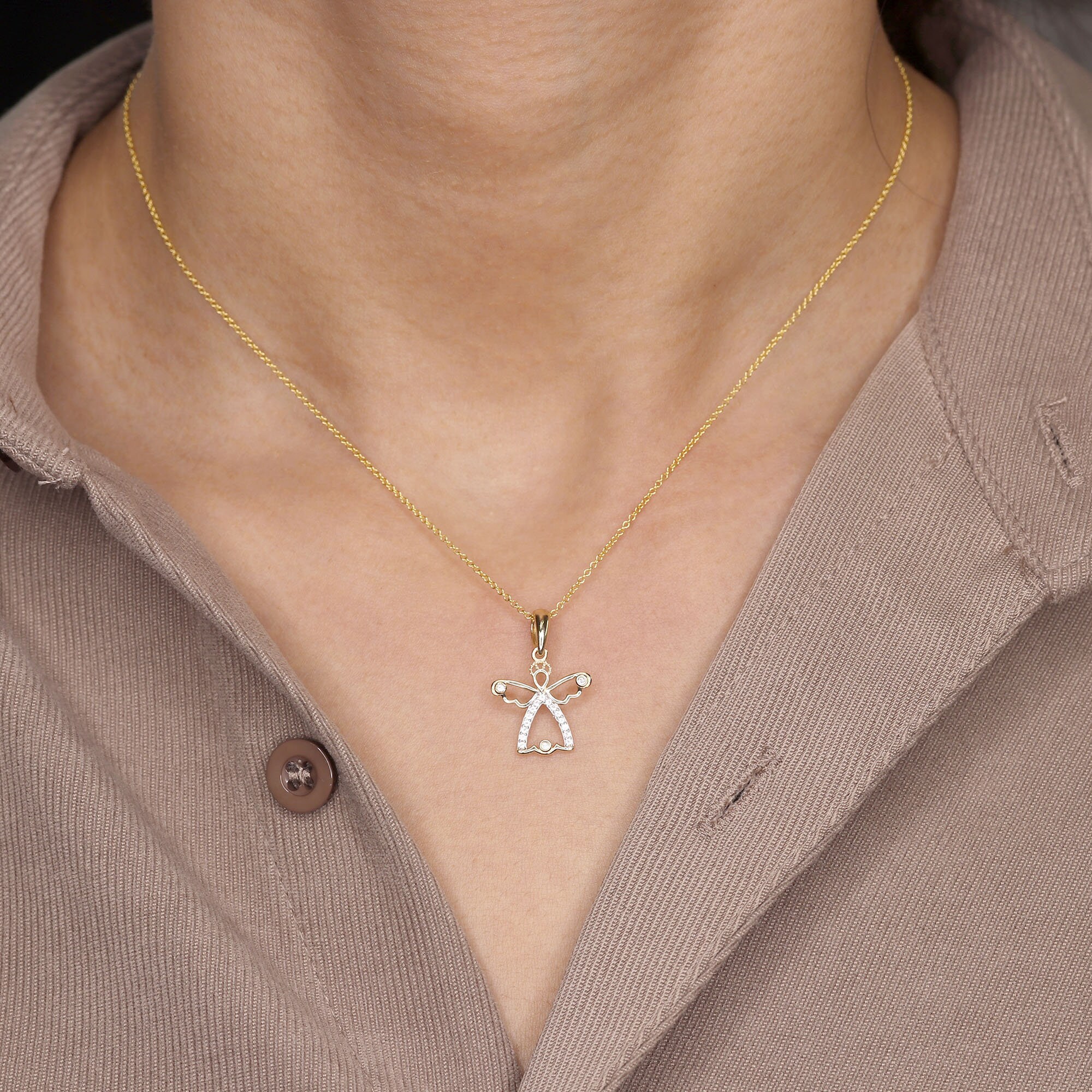 14k Guardian Angel Necklace | Real Gold Angel Pendant | Angel Diamond ...