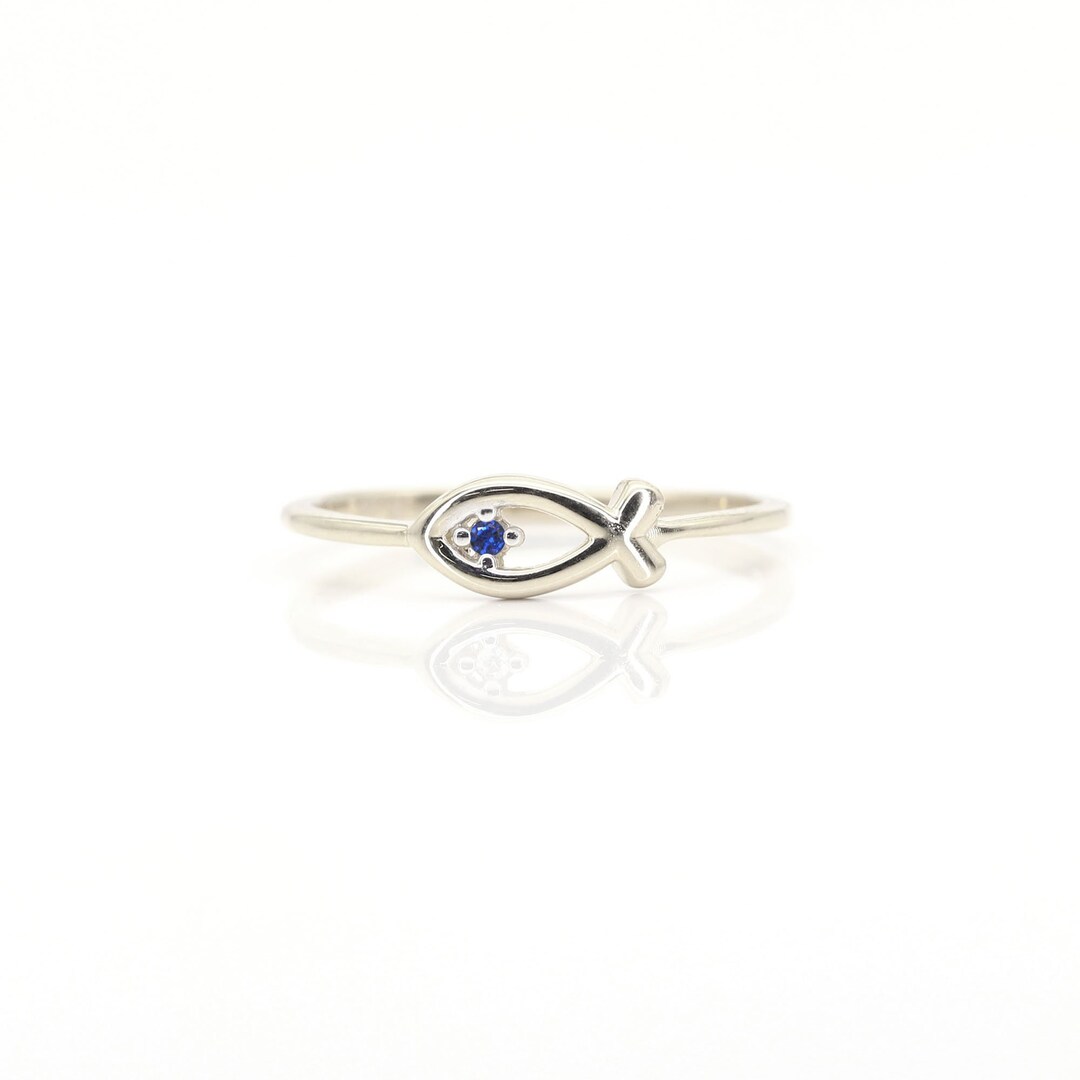 14k Gold Fish Ring | 0.025ct Natural Sapphire Ring | Christian Fish ...