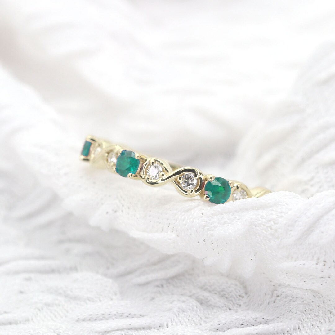 14k Emerald Wedding Band | Diamond Wedding Band | Real Gold Half ...