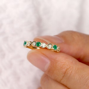 14k Emerald Wedding Band | Diamond Wedding Band | Real Gold Half ...