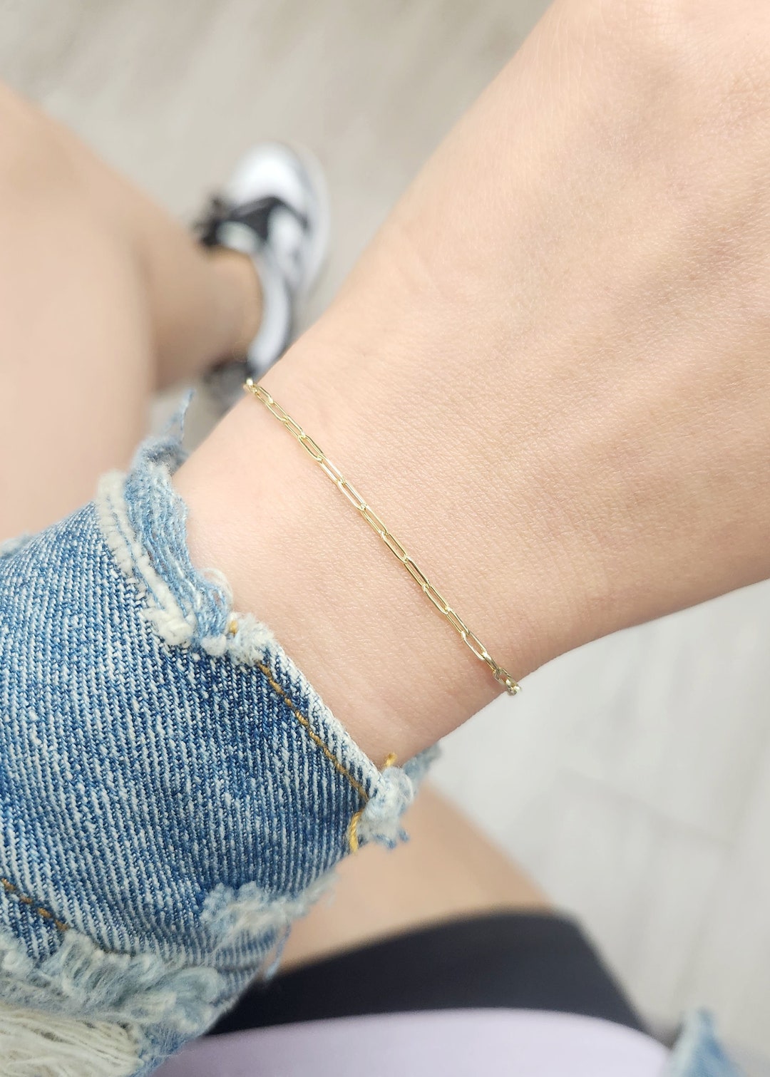 14k Yellow Gold Mini Paperclip Bracelet | Rectangular Shaped Bracelet ...