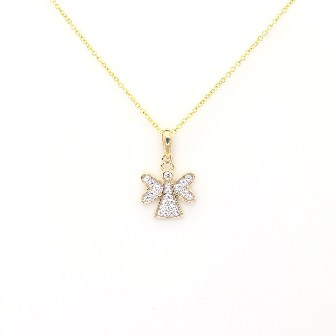 14k Diamond Angel Necklace Real Gold Angel Pendant - Etsy