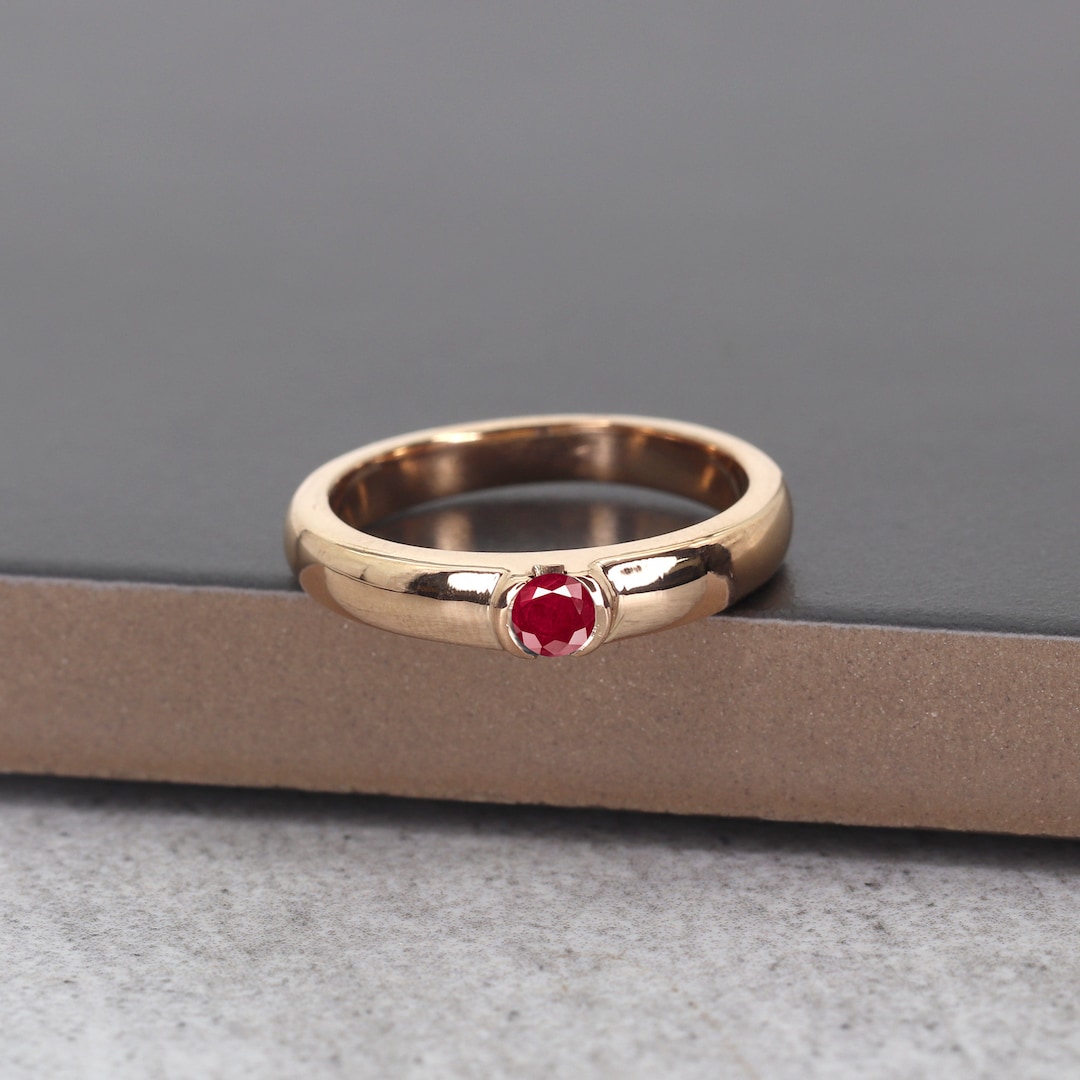 14k Ruby Wedding Band | Vintage Natural Ruby Band | 3.4MM Ruby Ring ...