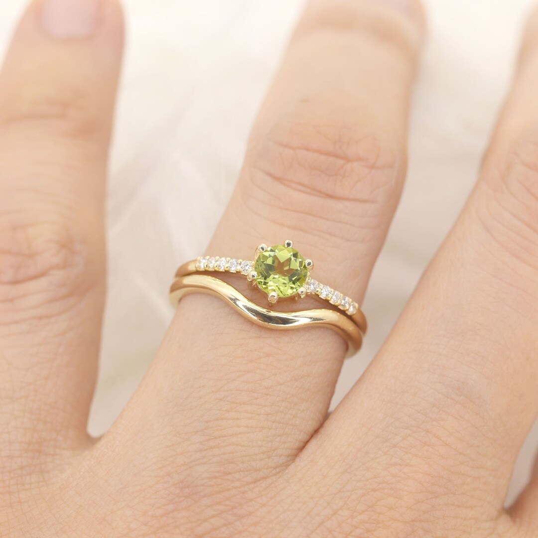 Peridot Diamond Engagement Ring Set | 5.0MM Peridot Diamond Wedding ...