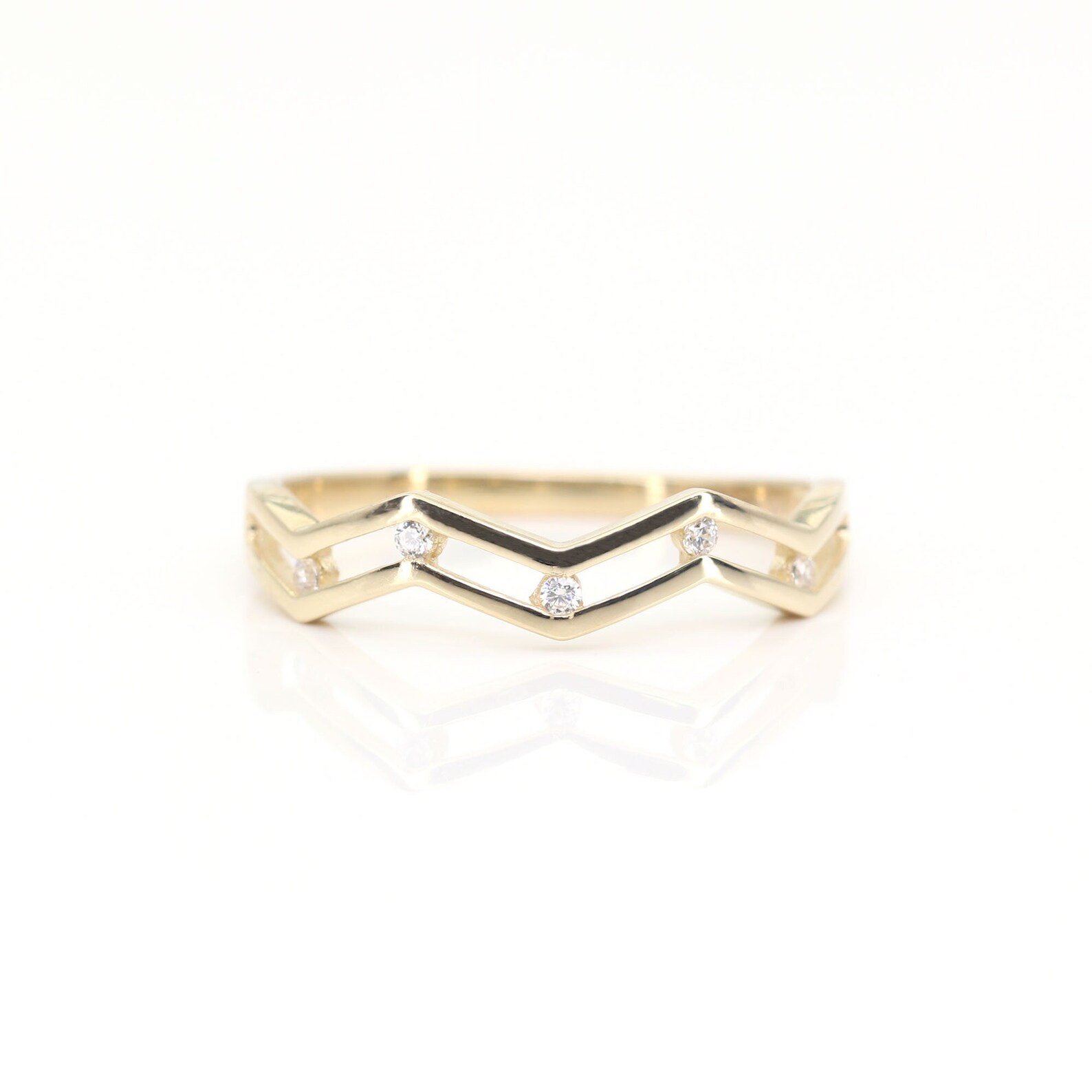 14k Zig Zag Ring Real Gold Wave Ring Natural Diamond Ring Thumb Ring Wavy Ring Stacking Ring up ...