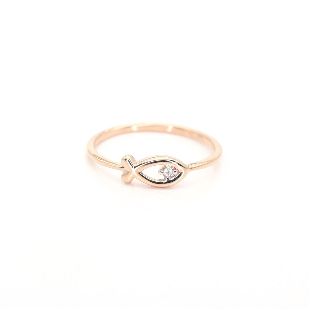 14k Gold Fish Ring | 0.025ct Natural Diamond Ring | Christian Fish ...