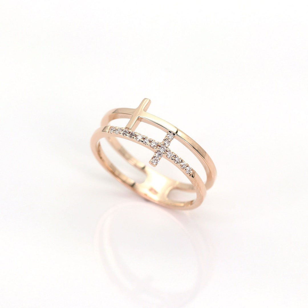 14k Double Cross Ring | Natural Diamond Ring | Real Gold Sideways Cross Ring | Double Band ...