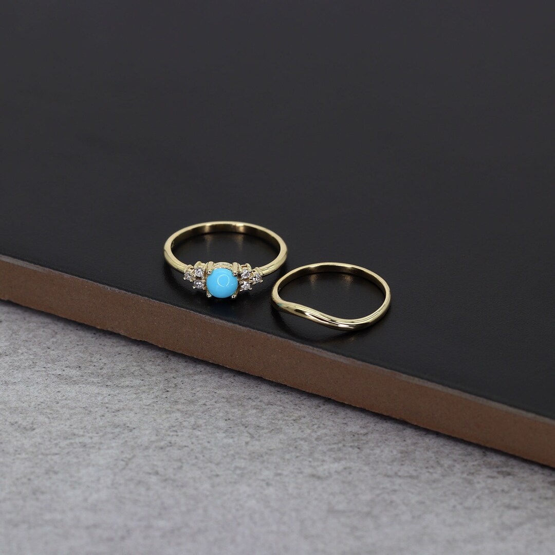 14k Turquoise Diamond Ring Set | 5.0MM Natural Turquoise Ring Set ...
