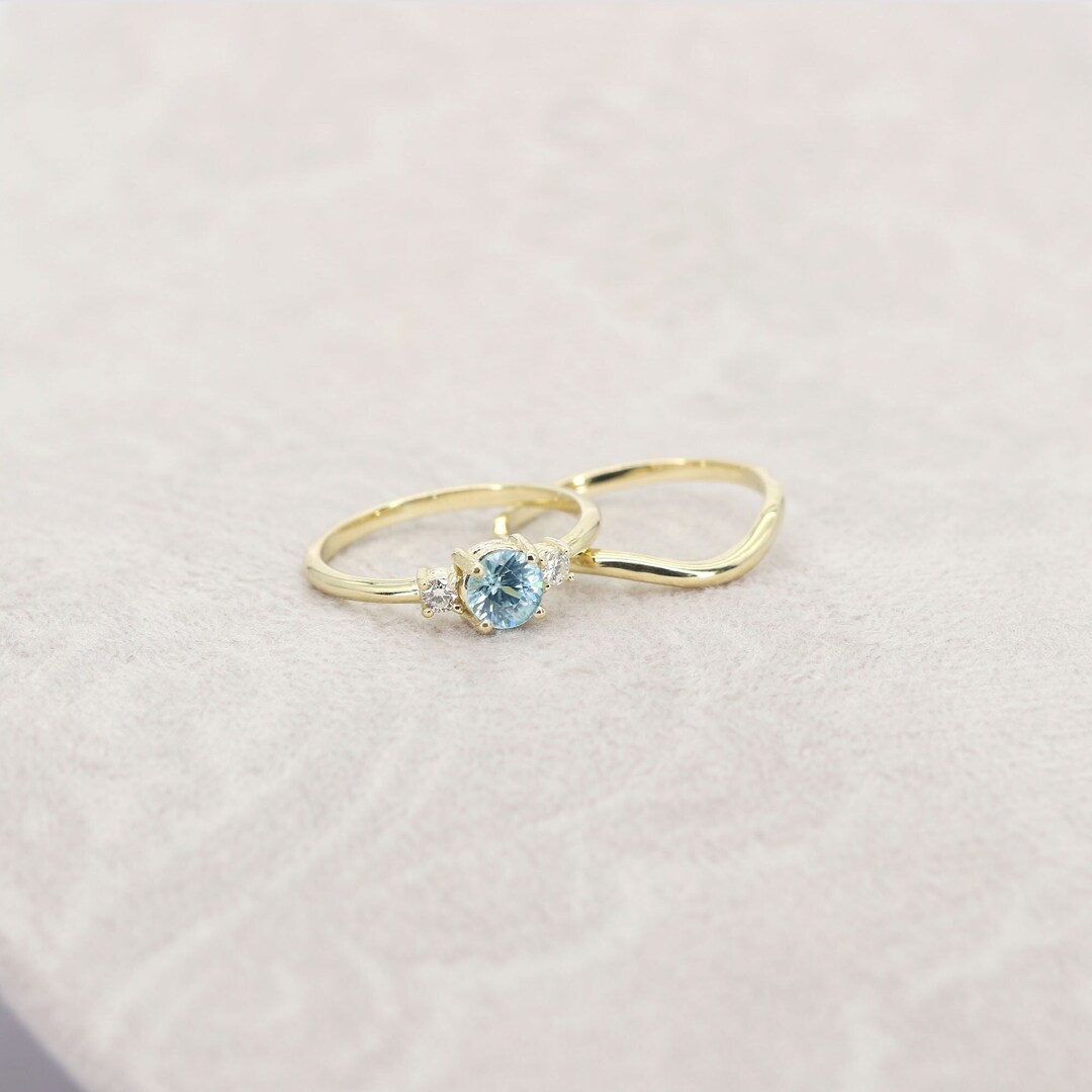 14k Blue Zircon Diamond Ring Set | 5.0MM Natural Blue Zircon Ring Set ...