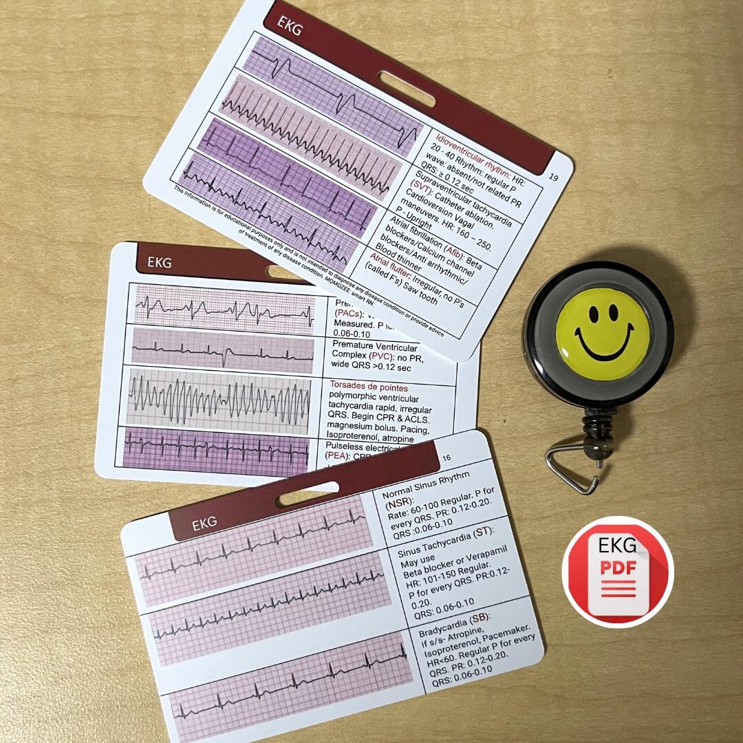 EKG Badge 3 Card Set + ECG Rhythms Cheat Sheet (PDF): Ekg Dysrhythmia ...