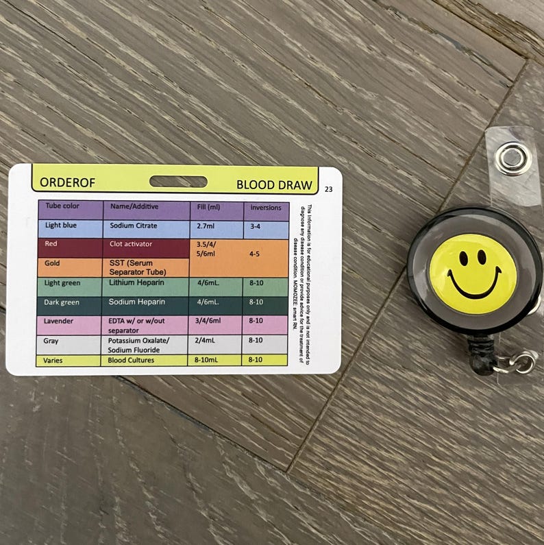 Order of Blood Draw Badge Reference Card. Common Blood Tests/tubes Card ...