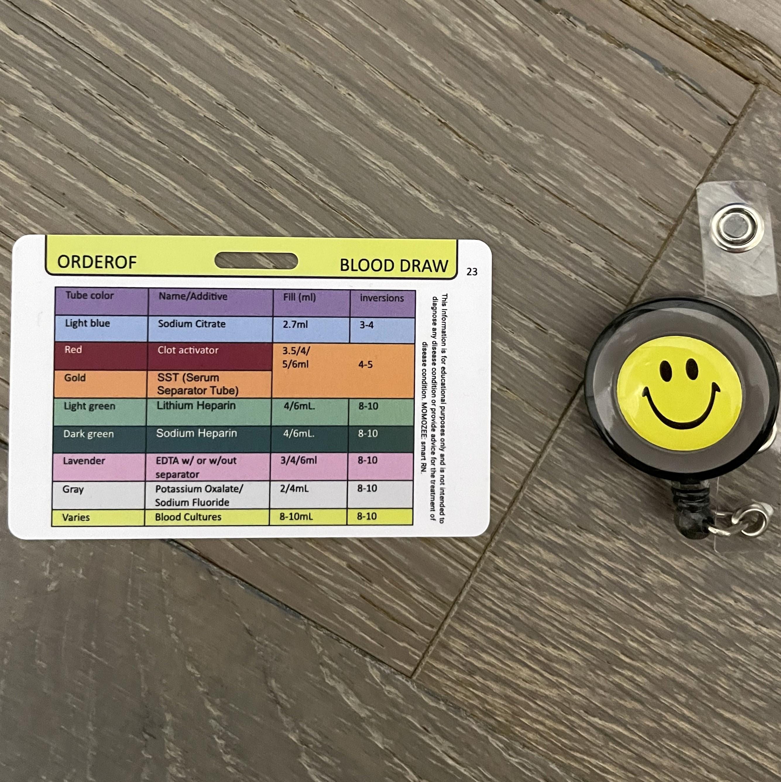 Order of Blood Draw Badge Reference Card. Common Blood Tests/tubes Card ...