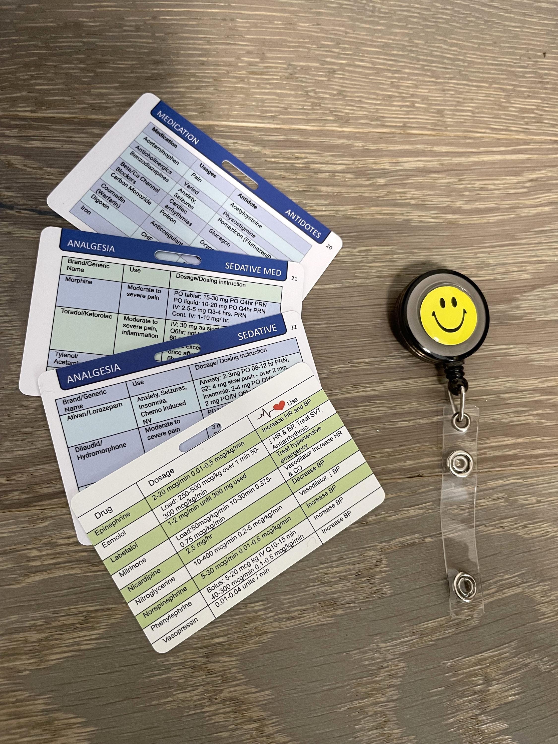 ICU Nurse Badge Reference Cards: Cardiac, Sedative, Analgesia, Antidote ...