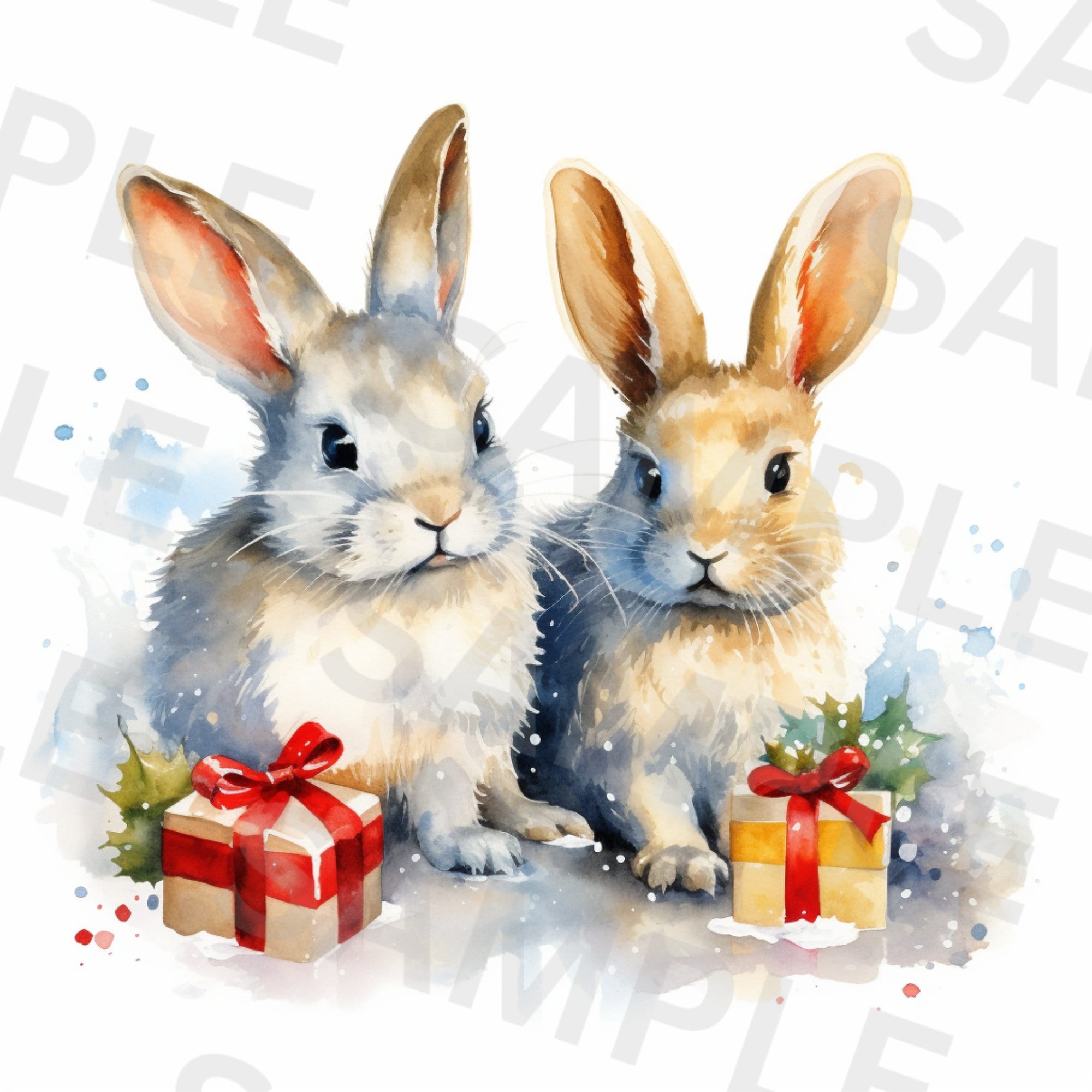 5 Christmas Bunnies Clipart, Winter Bunny, Printable Watercolor Clipart ...