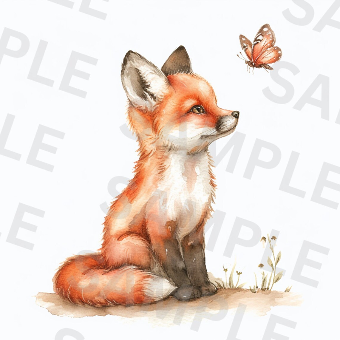 5 Fox and Butterfly Clipart, Cute Baby Fox, Printable Watercolor ...