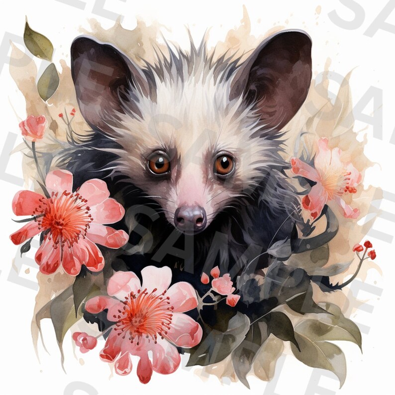 5 Floral Aye-aye Clipart Set, Madagascar Lemur Animal PNG, Printable ...