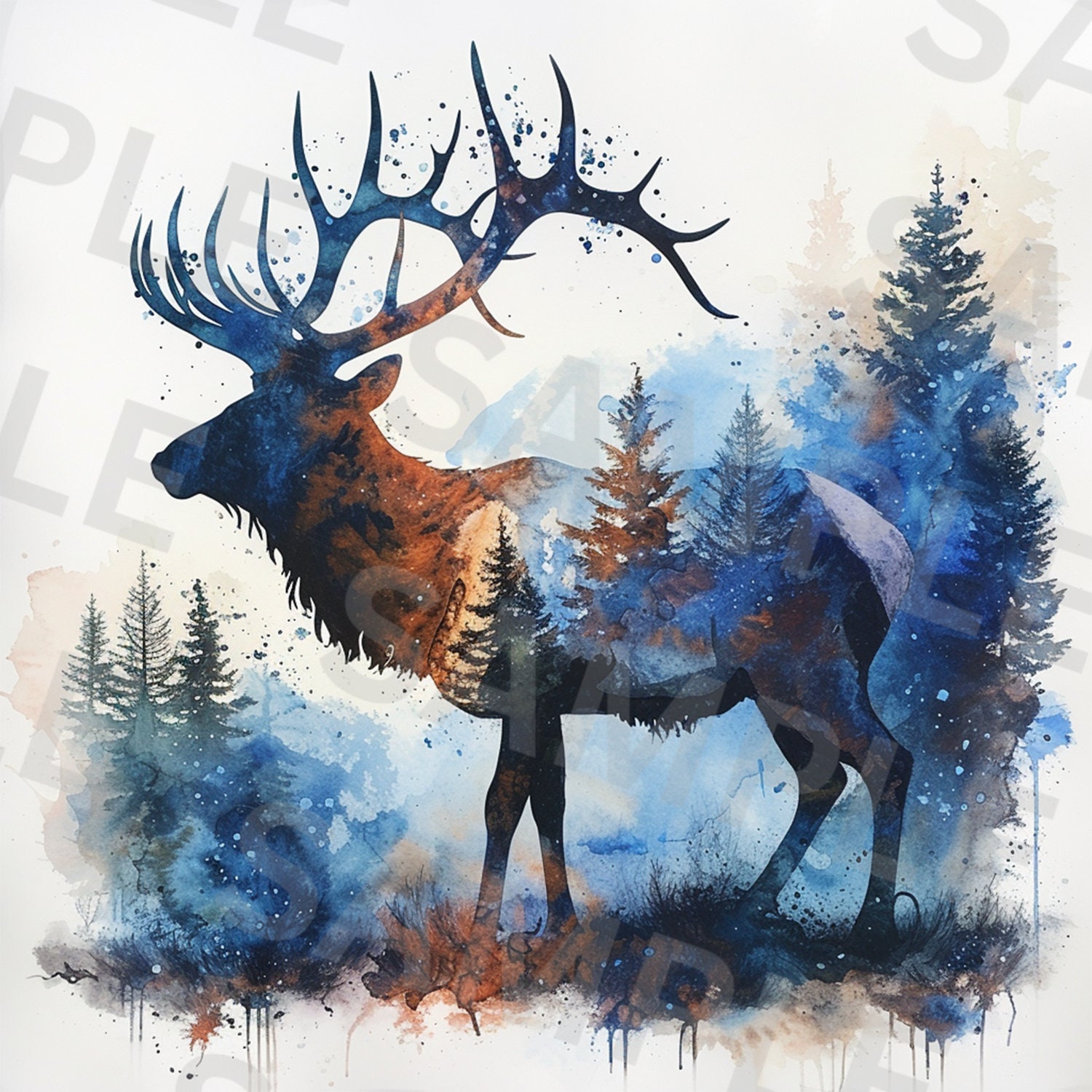 5 Elk Clipart Set, Elk Silhouette PNG, Printable Watercolor Clipart, High Quality Pngs, Instant ...