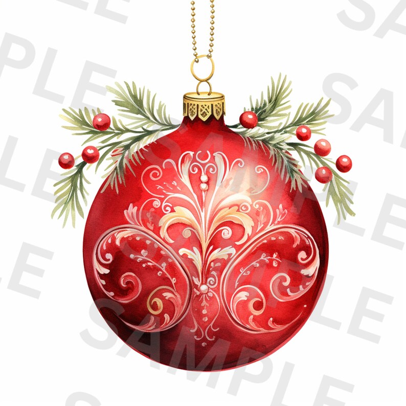 5 Red Bauble Clipart, Christmas Bauble Clipart, Printable Watercolor ...