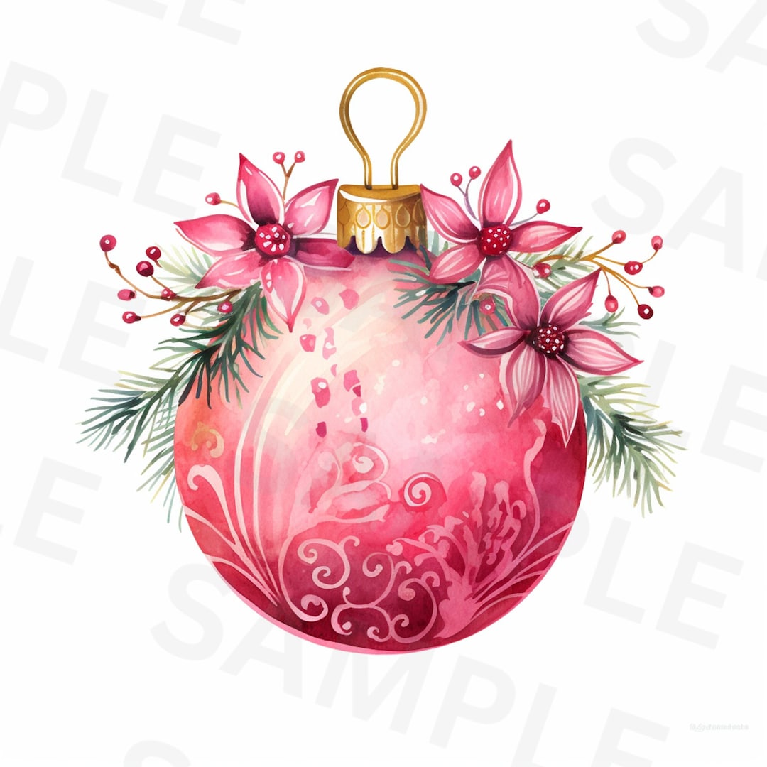 5 Pink Christmas Bauble Clipart, Pink, Printable Watercolor Clipart ...