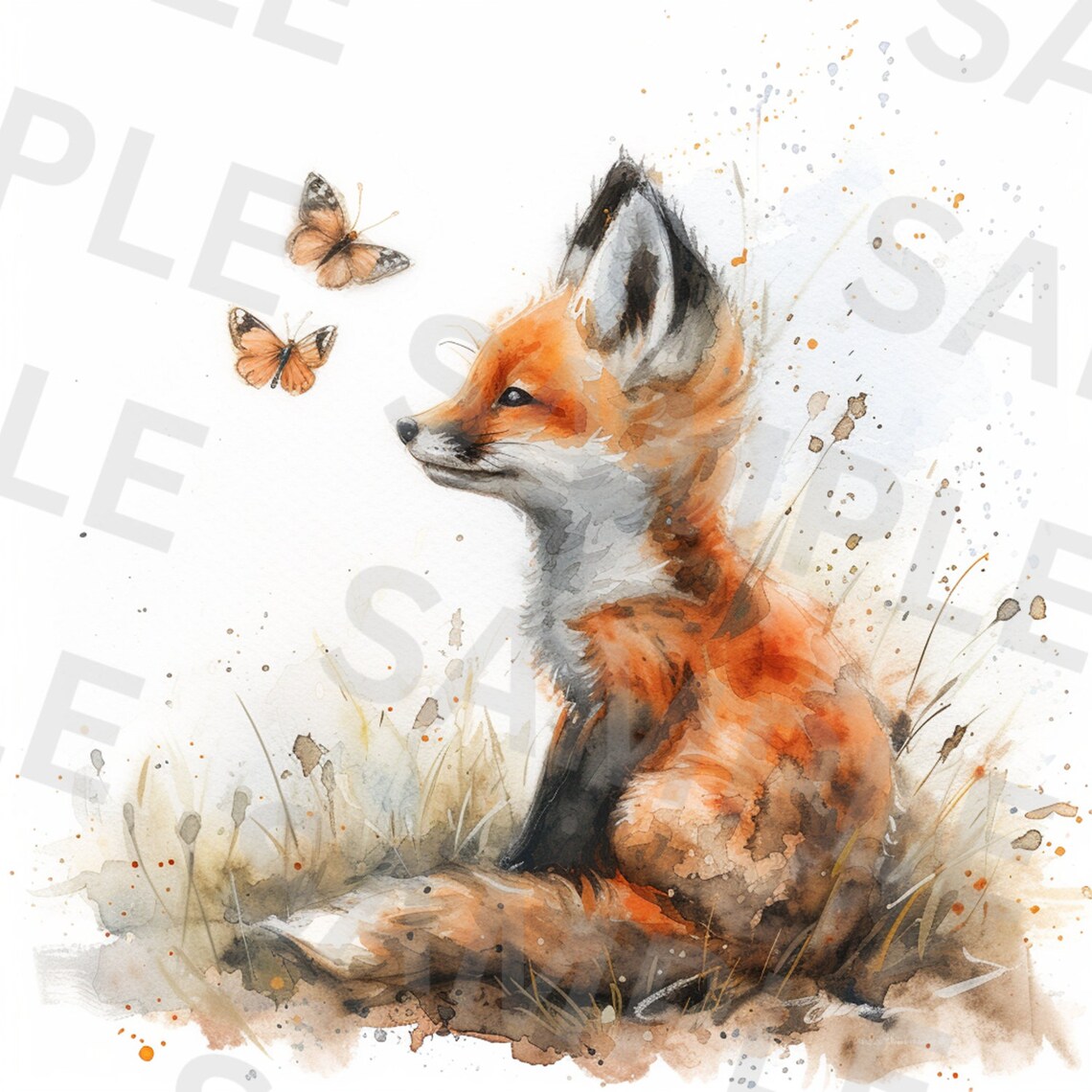 5 Fox and Butterfly Clipart, Cute Baby Fox, Printable Watercolor ...