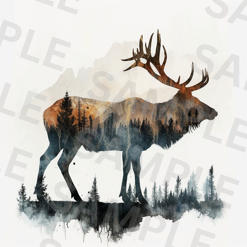 5 Elk Clipart Set, Elk Silhouette PNG, Printable Watercolor Clipart ...