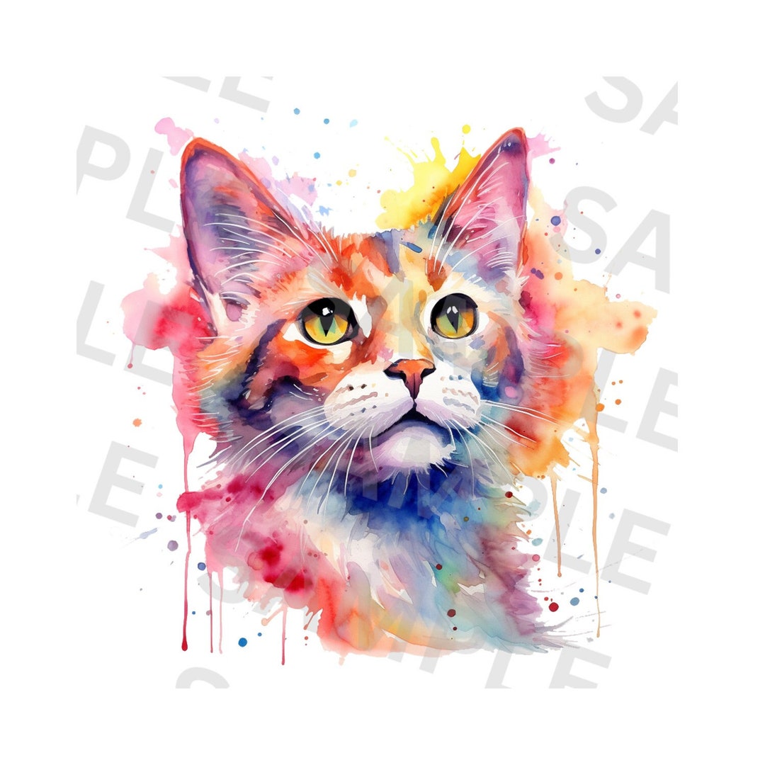 Watercolor Splashed Cartoon Cat Print Clip Art | Transparent PNG ...