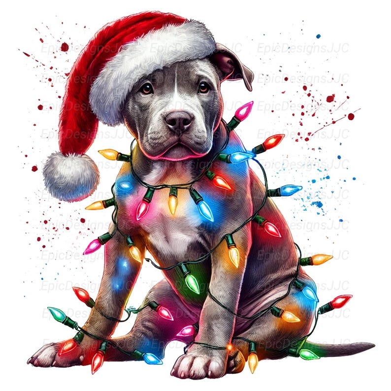 Christmas Pitbull Puppy PNG, Sublimation Design, Xmas Lights, Cute Dog ...