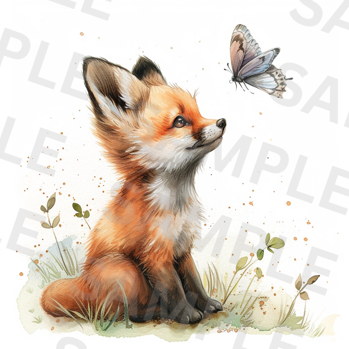 5 Fox and Butterfly Clipart, Cute Baby Fox, Printable Watercolor ...