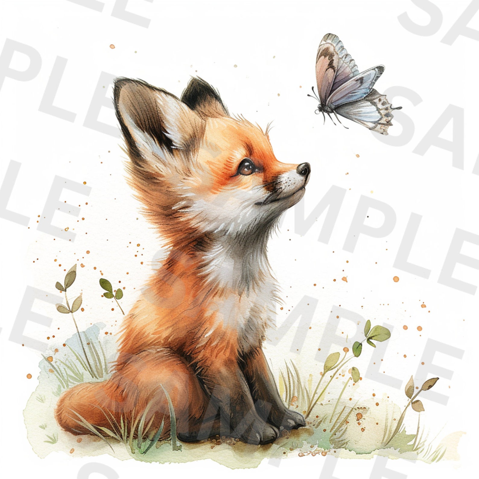 5 Fox and Butterfly Clipart, Cute Baby Fox, Printable Watercolor ...