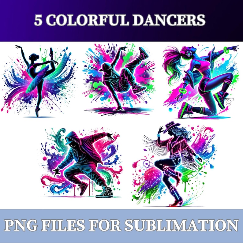 Neon Dance PNG Bundle – 5 Vibrant Dancer Cliparts for Zumba Shirts ...